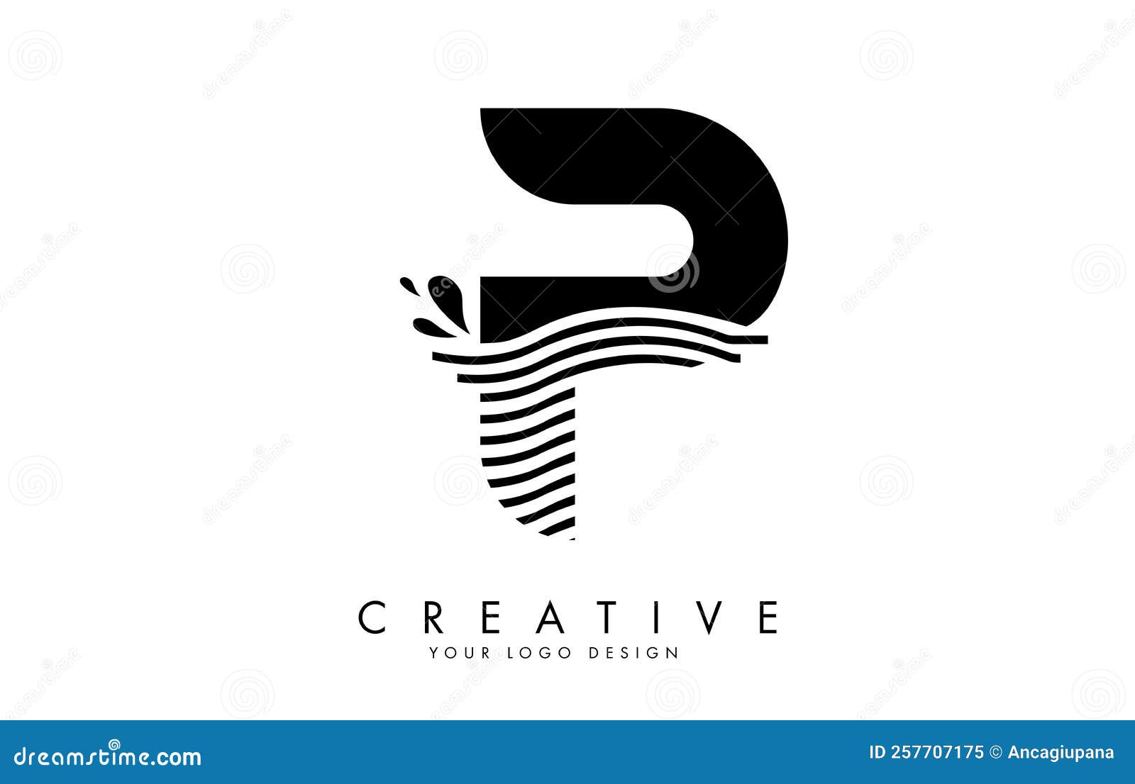Black P Letter Logo with Waves and Water Drops Design Stock Vector ...