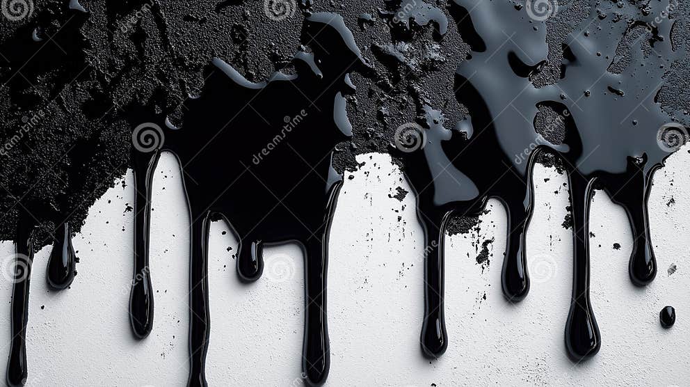Black Paint Drips, Splatters on White Surface. Liquid Flows Down in ...