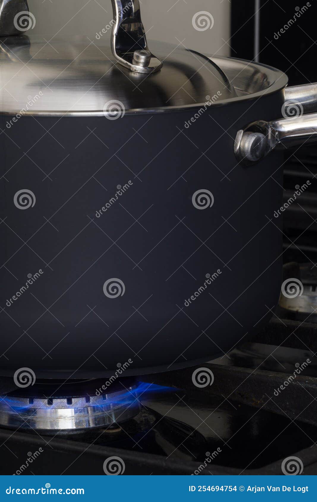 A Black Pan Cooking on Natural Gas Stock Photo - Image of costs, spare ...