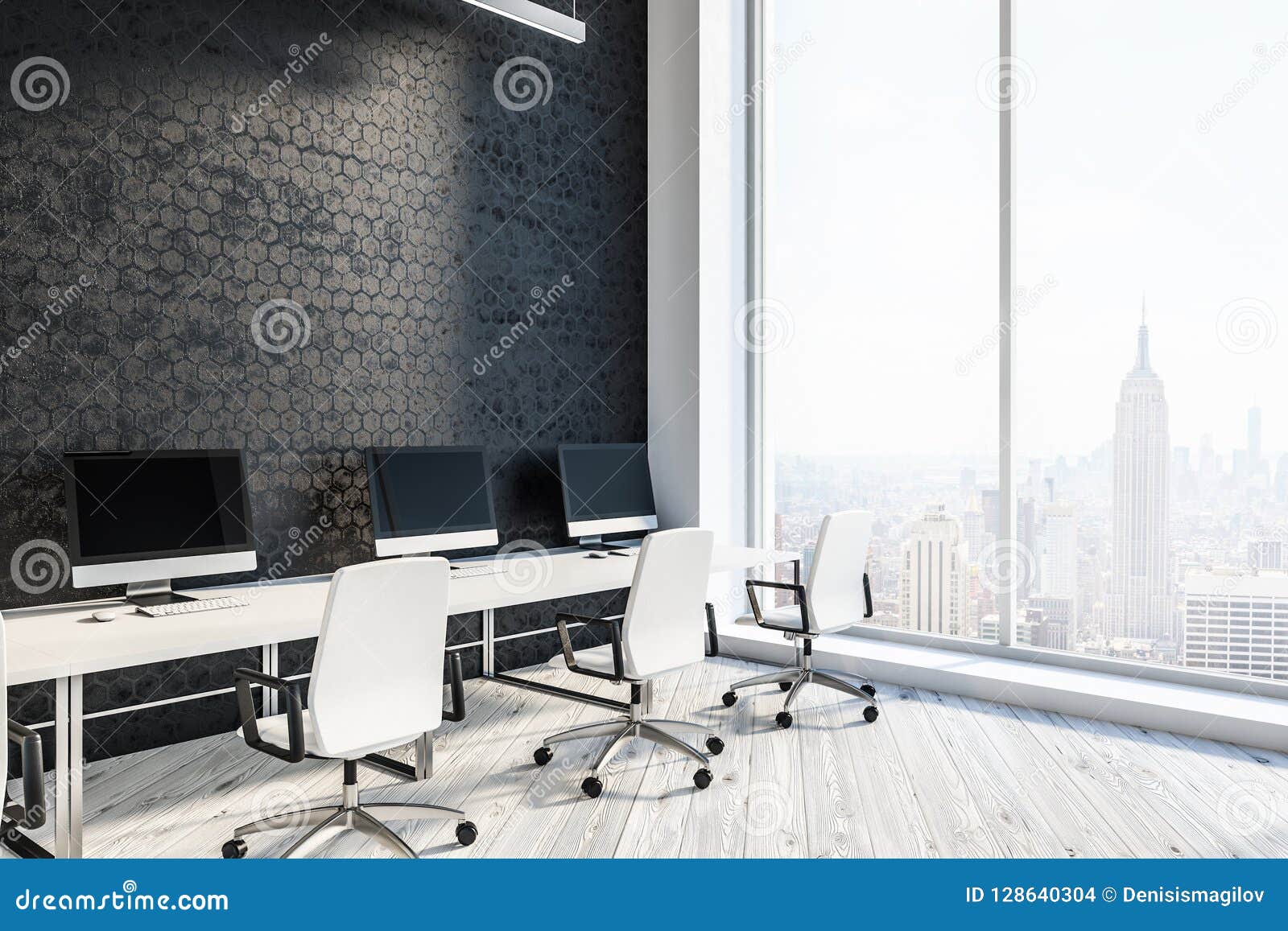 Black Panoramic Office Interior, Computers Stock Illustration ...
