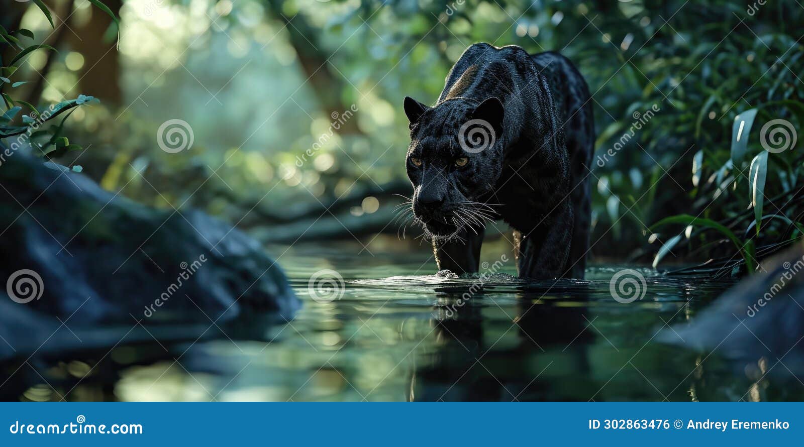 A Black Panther is on the Hunt while Walking through the Water Stock ...