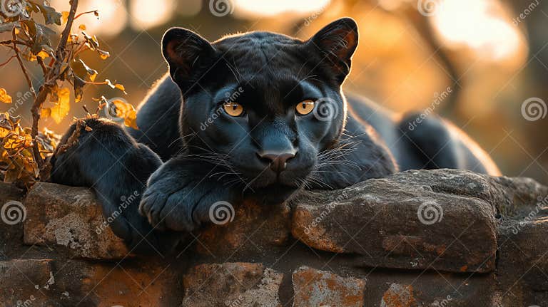 Black Panther Rests on Ancient Stone Structure Stock Photo - Image of ...