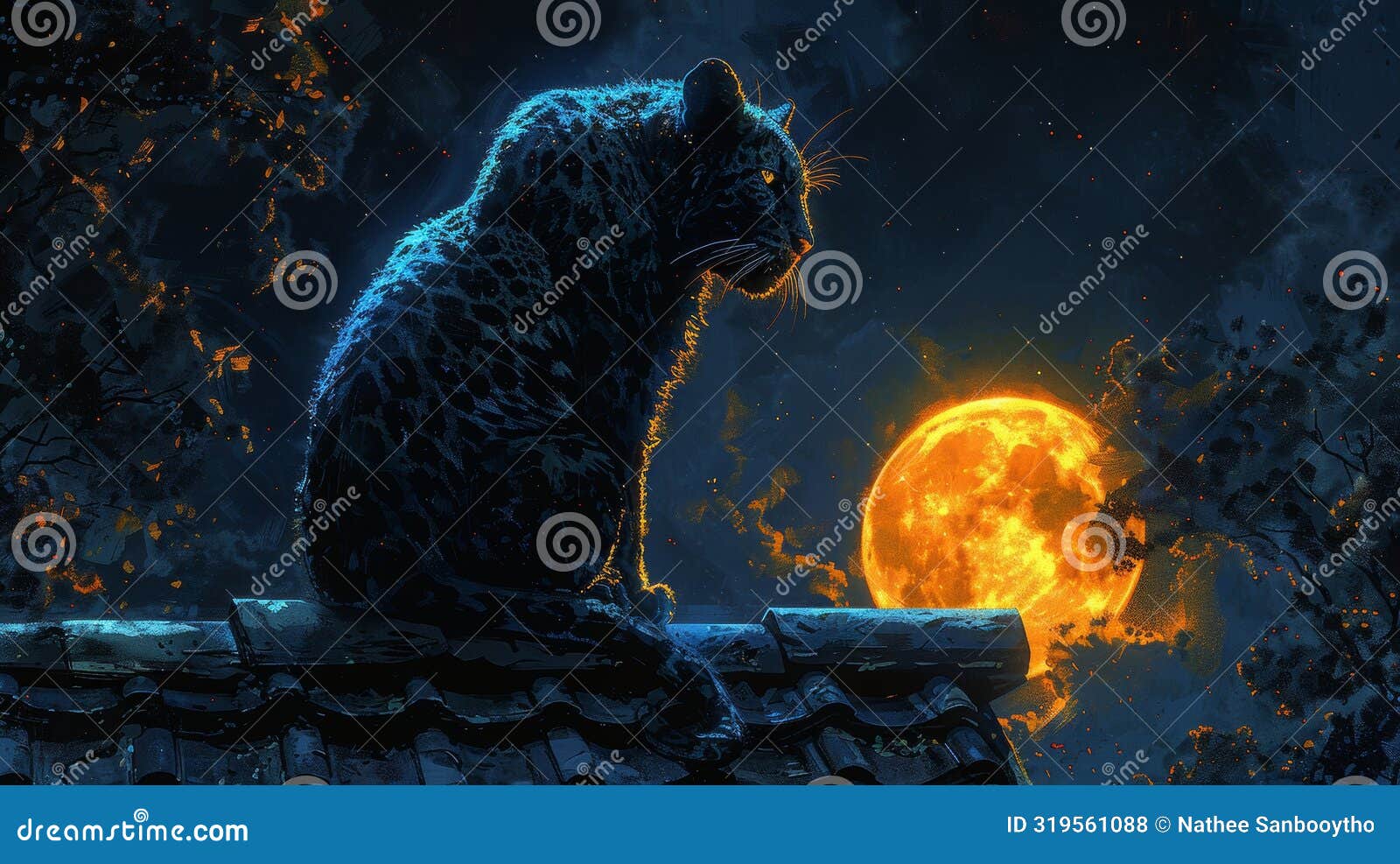 A Black Panther Sits on a Stone Wall in Front of a Full Moon. the ...