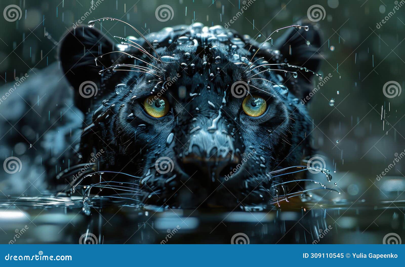 Black panther in water stock image. Image of stare, yellow - 309110545
