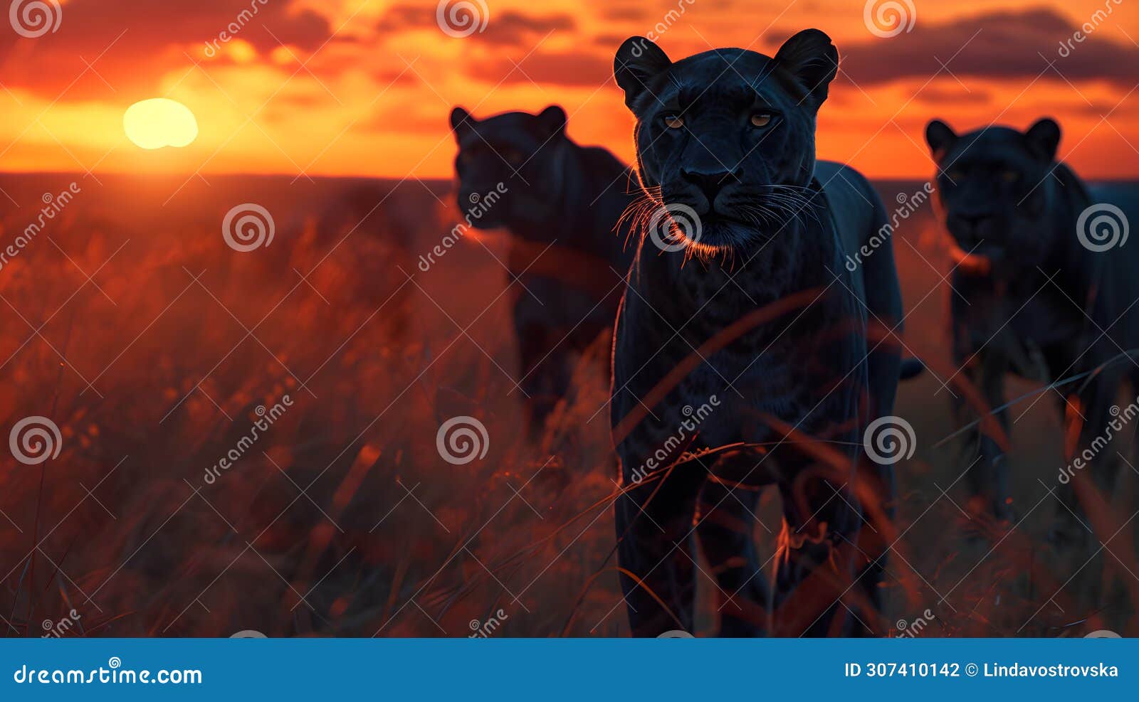 Black Panthers Standing in the Savanna with Setting Sun Shining. Stock ...