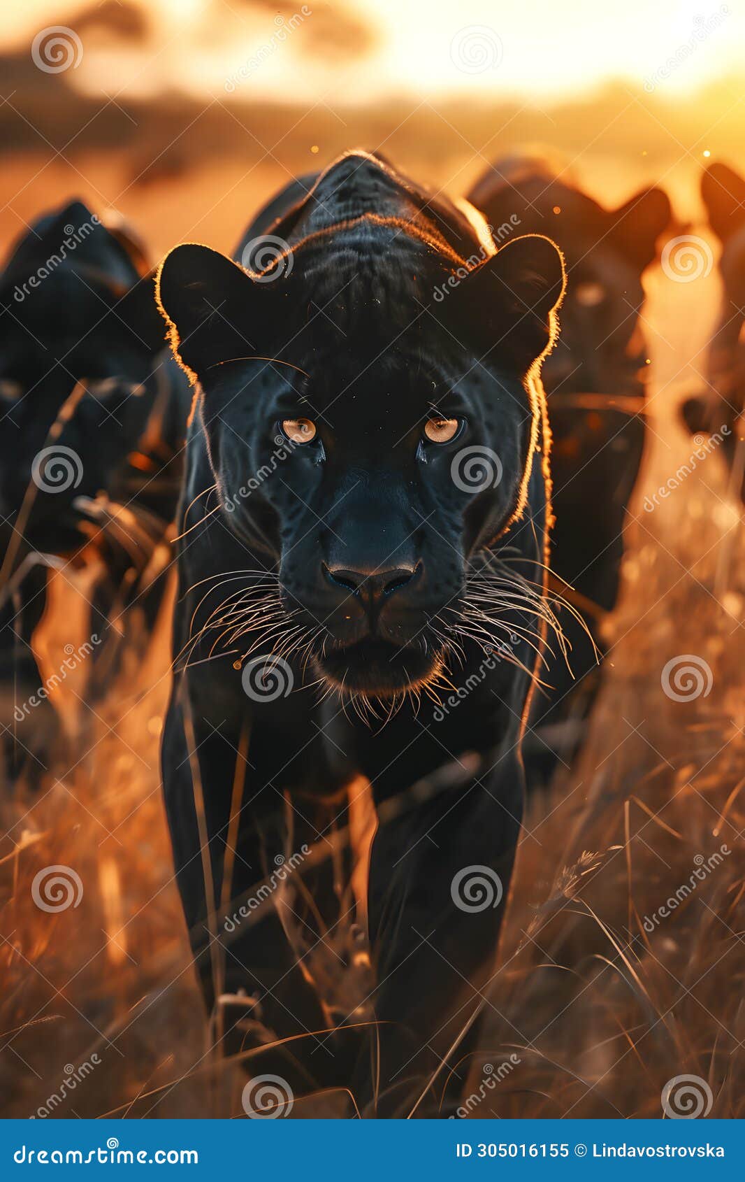 Black Panthers Standing in the Savanna with Setting Sun Shining. Stock ...