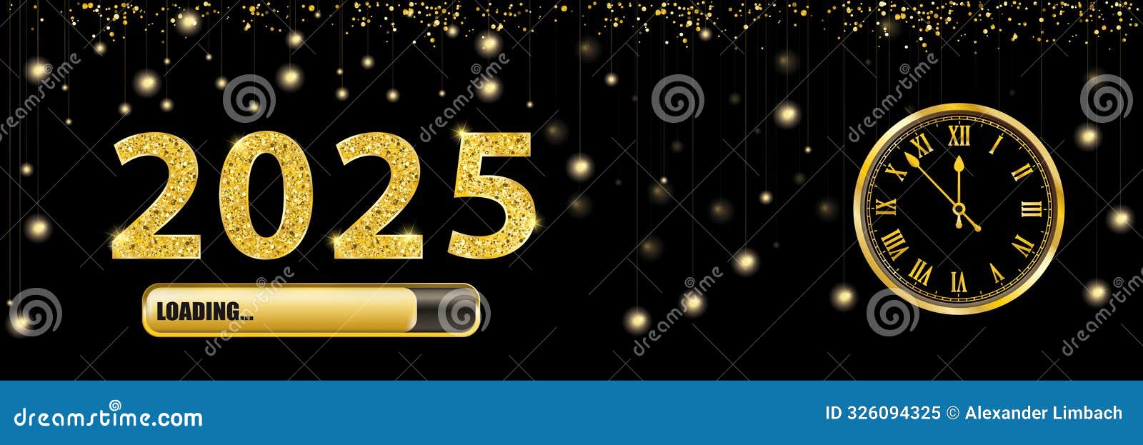 Black Paper Banner Golden Clock 2025 Loading Hanging Lights Stock ...