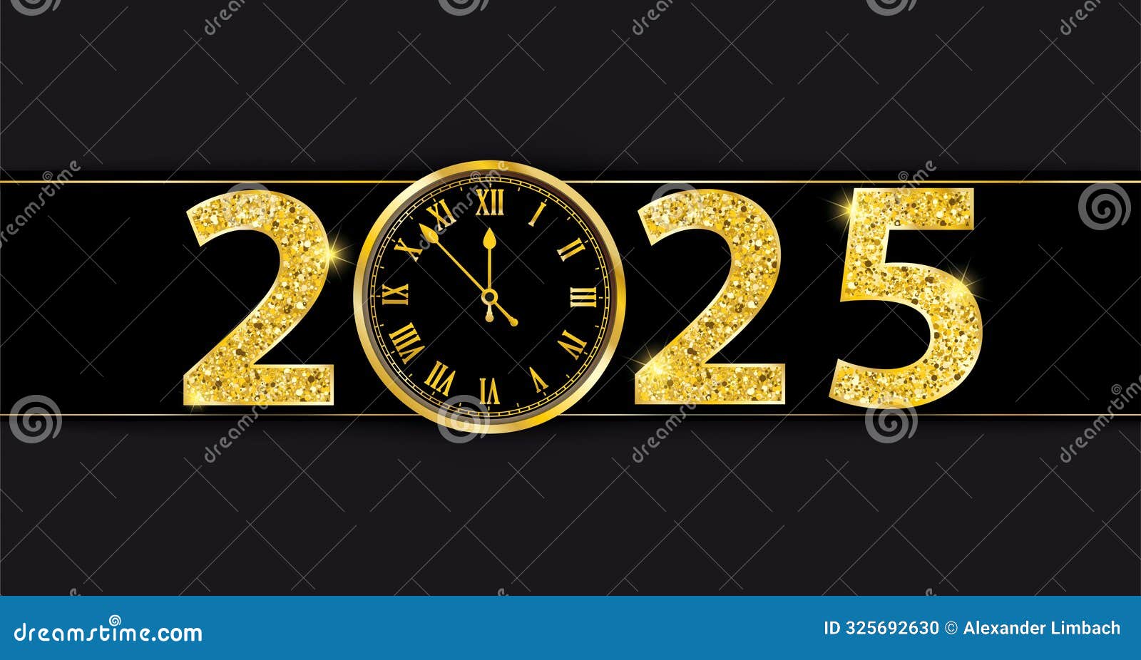 Black Paper Banner Golden Clock 2025 Stock Illustration - Illustration ...
