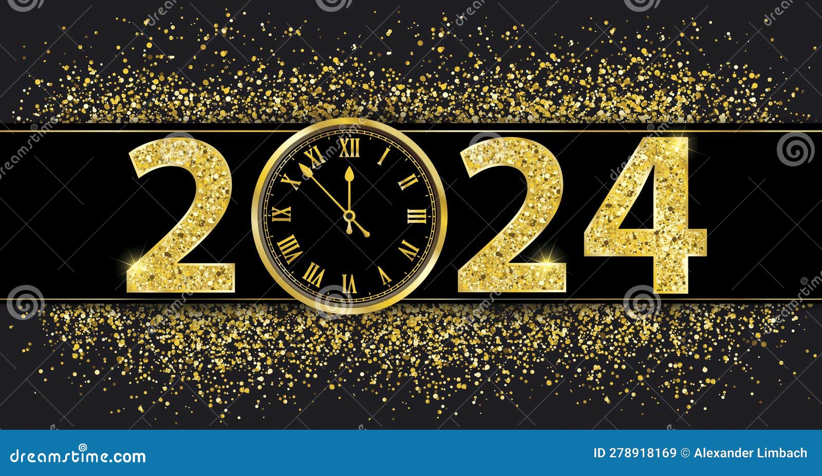 Black Paper Banner Golden Sand Clock 2024 Stock Vector - Illustration ...
