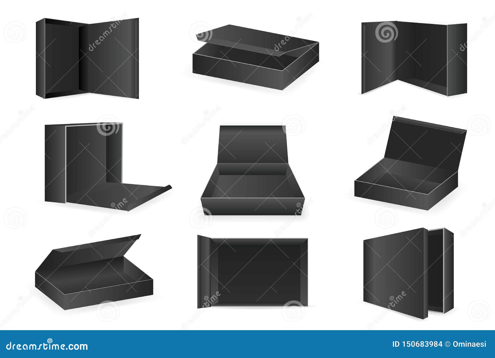 Black Paper Cardboard Package Boxes Isometric Open Empty Pack Box ...