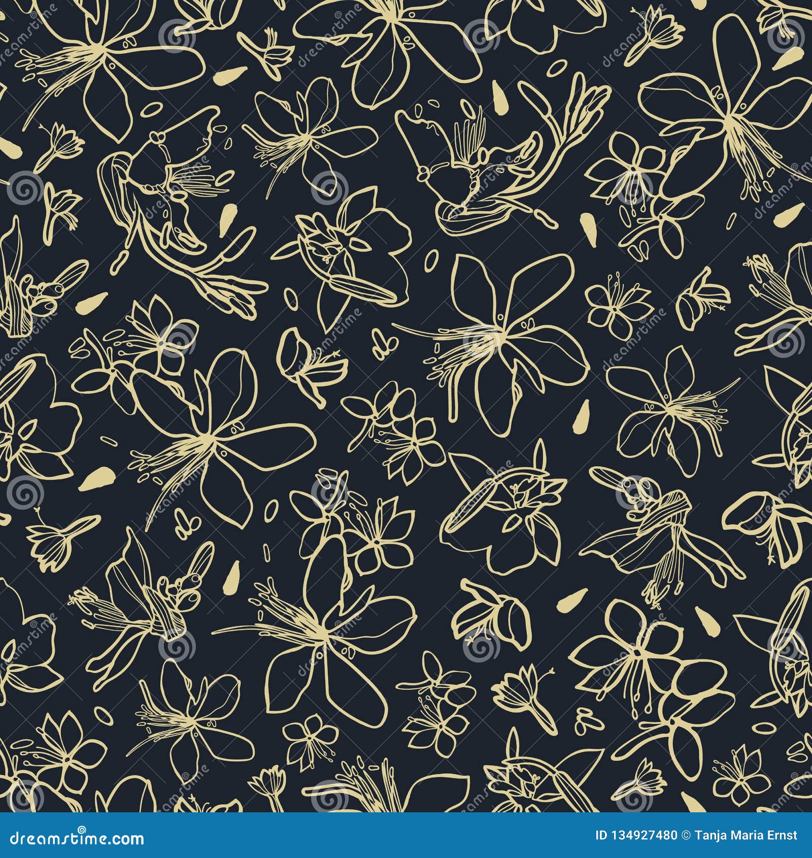 Black Pattern with Golden Lily. Stock Vector - Illustration of festive ...