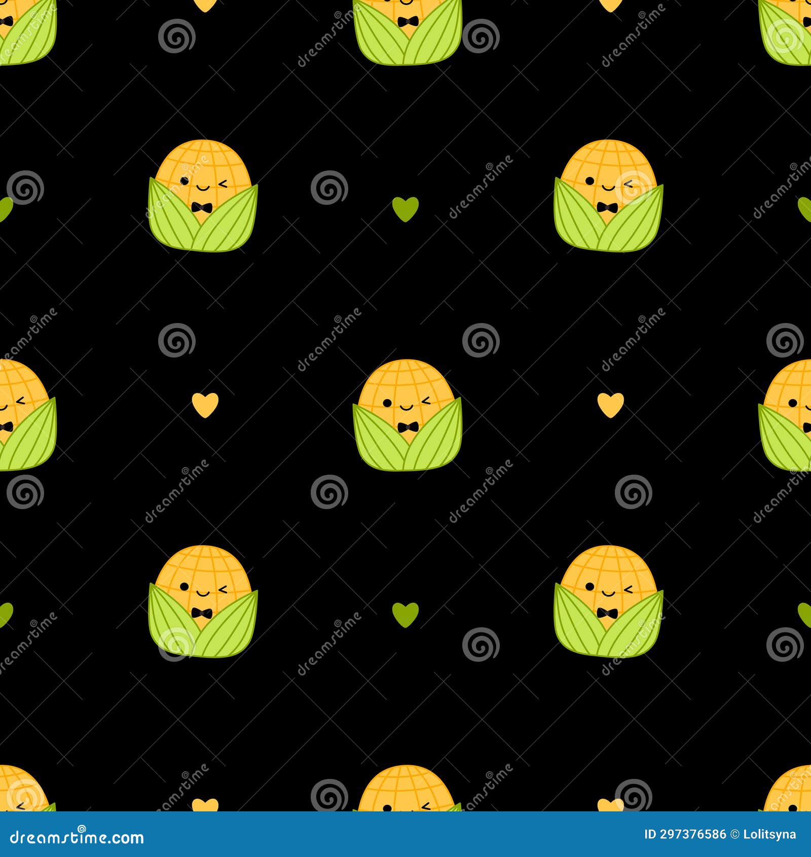 Black Pattern with Kawaii Corn and Heart. Squishmallow. Corn Stock ...