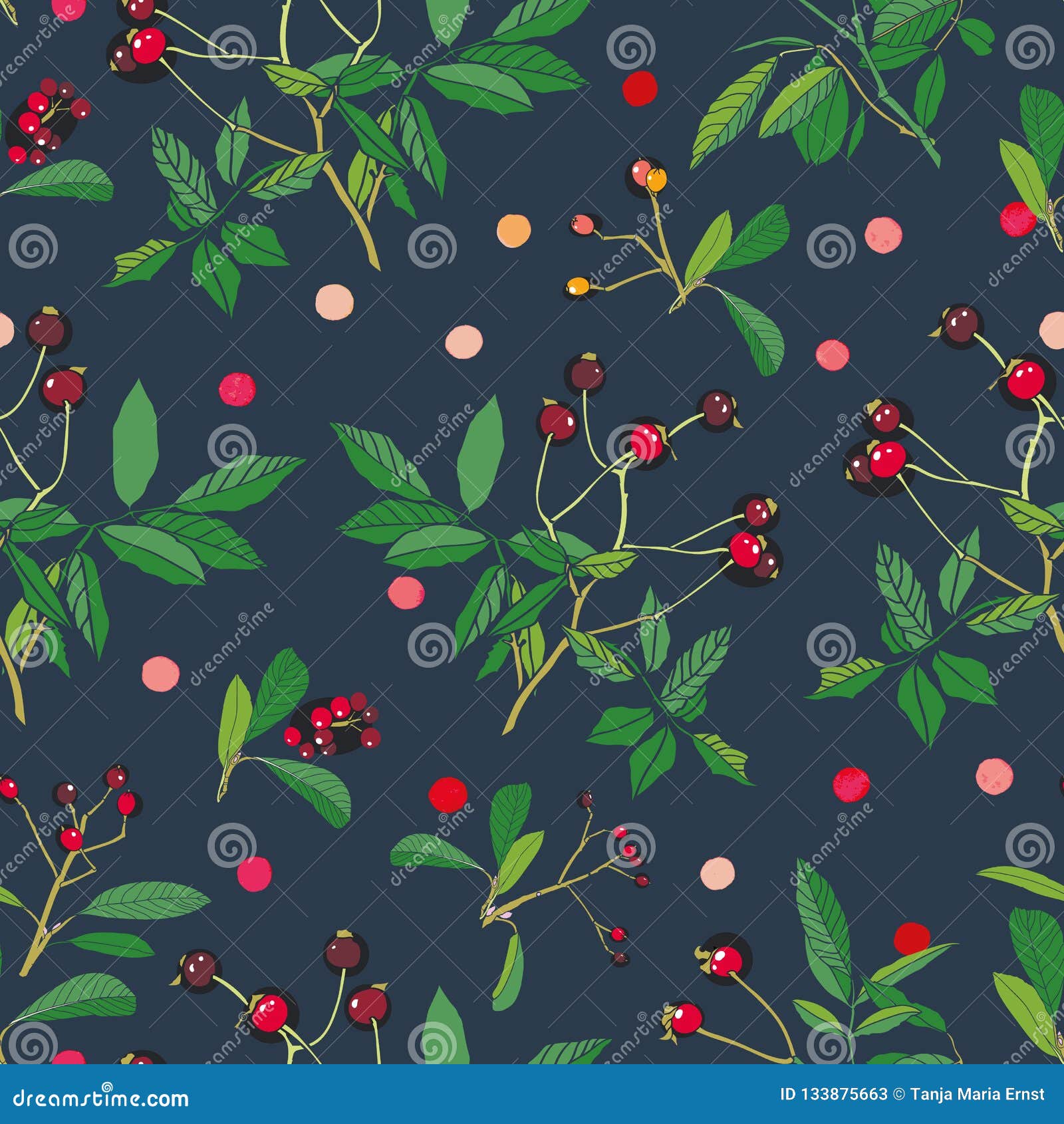 Black Pattern with Rose Plant and Dots Stock Illustration ...