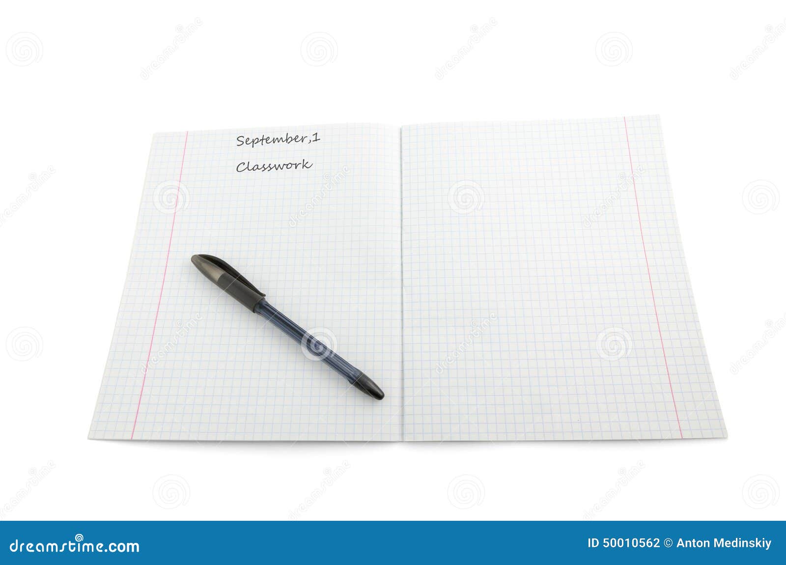 Black Pen on the Open Empty Exercise Book Isolated on White Stock Photo ...