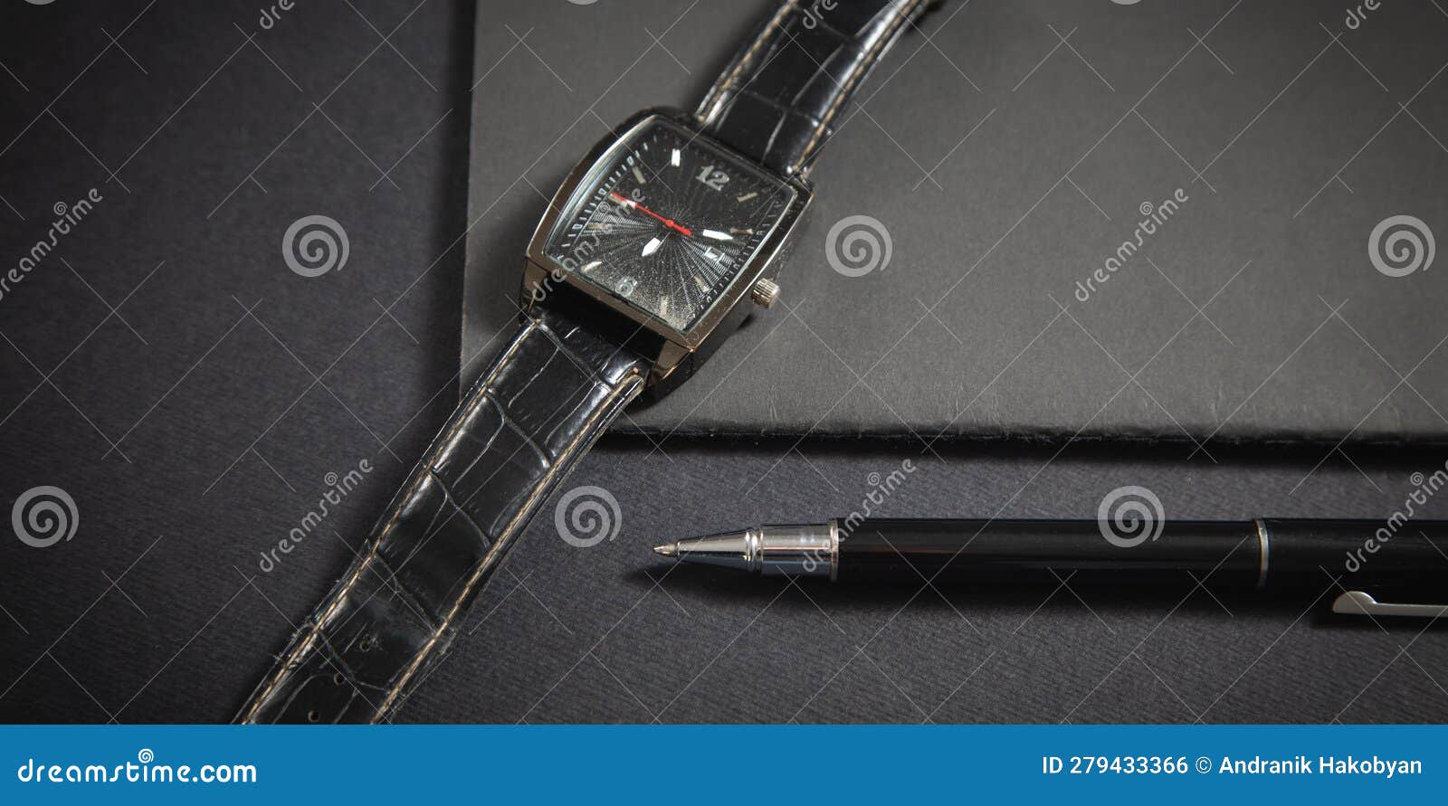 Black Pen, Wristwatch, Notepad on the Black Background Stock Photo ...