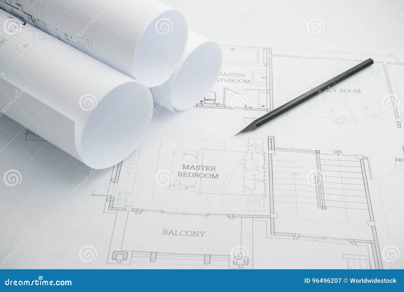 Black Pencil on Architectural Drawing Paper and Rolls Stock Image ...