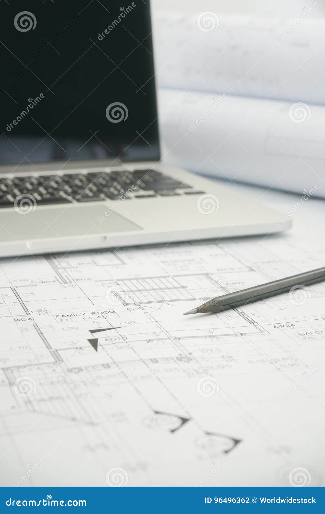 Black Pencil and Computer Laptop on Architectural Drawing Paper Stock ...