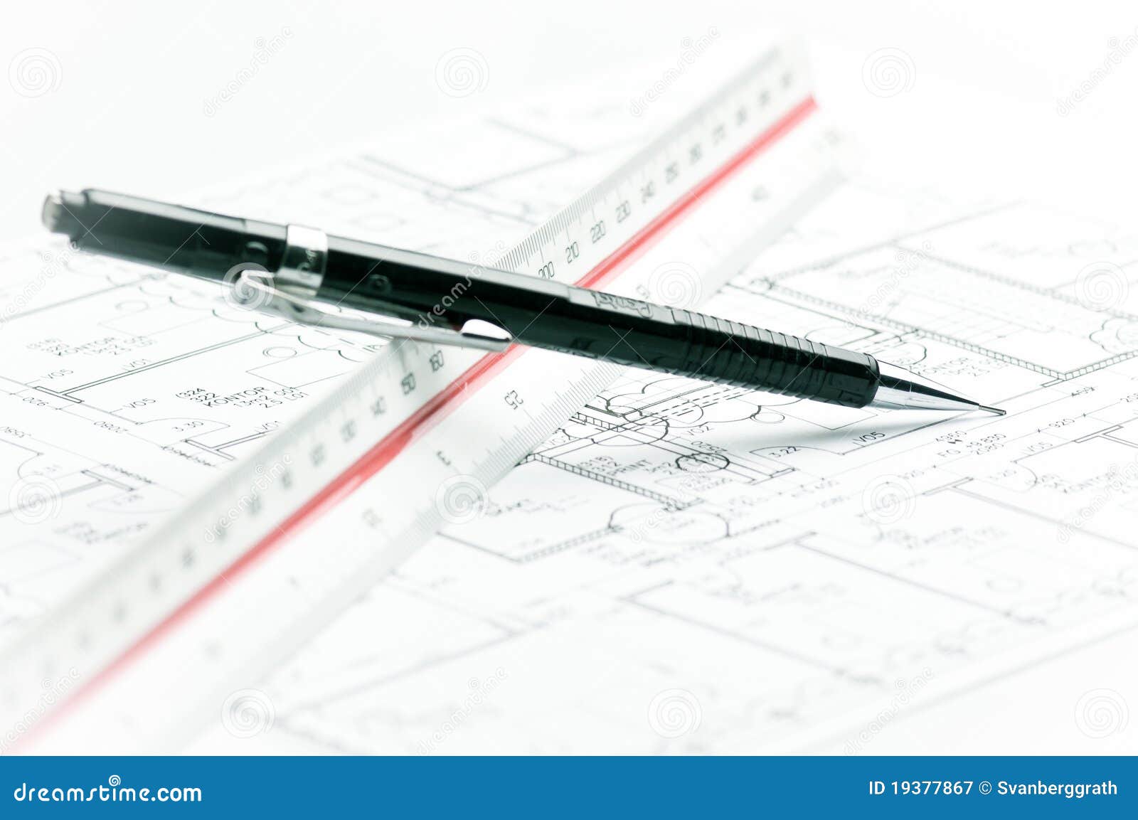 Black Pencil and Ruler on Plan Stock Image - Image of modern ...