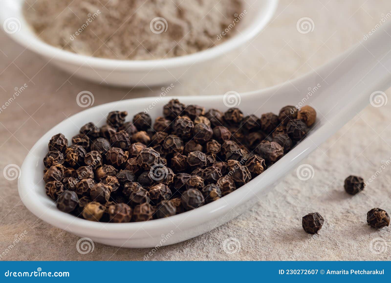 Black Pepper Corn on Spoon and Black Pepper Powder in Bowl Stock Image ...