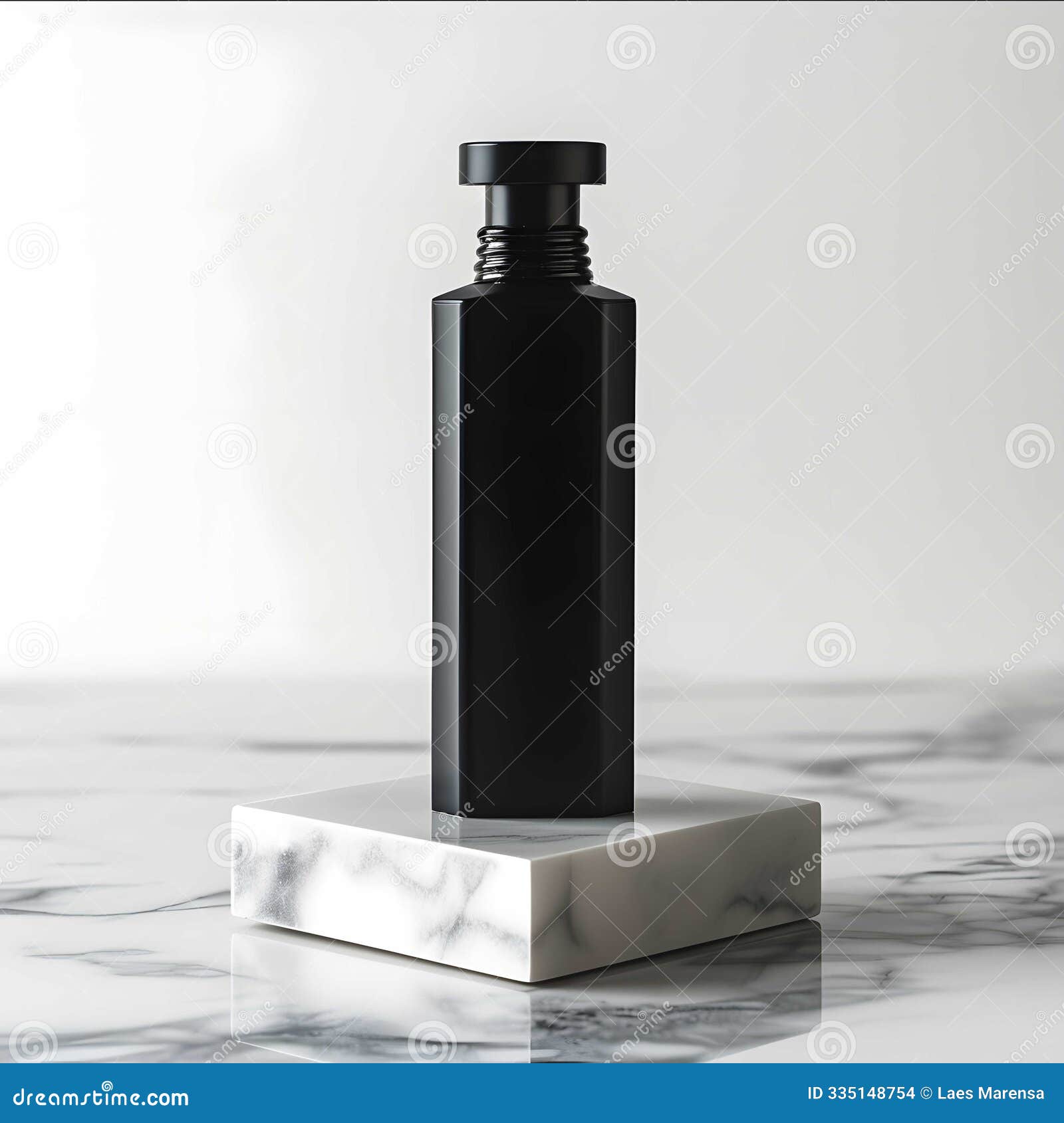 A Black Perfume Tall Bottle Perspective View on a White Granite Marble ...