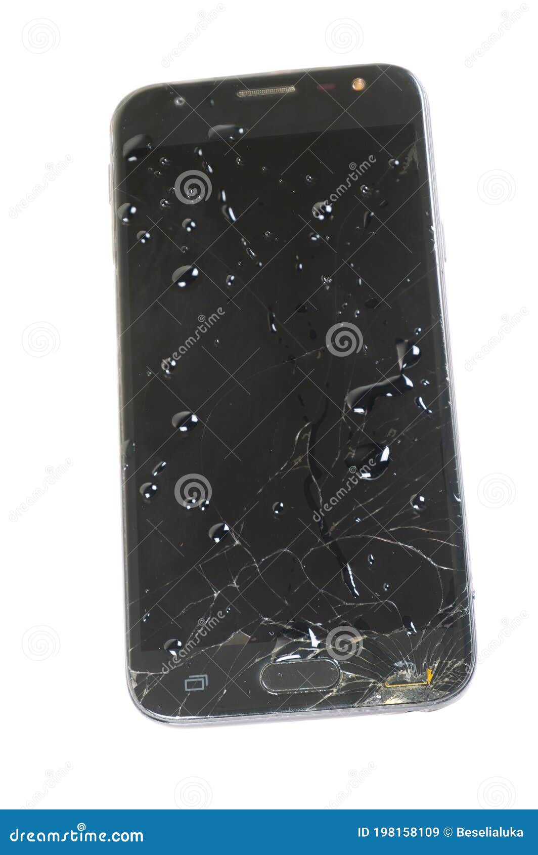 Black Phone with Broken Screen and Covered with Water Drops on White ...