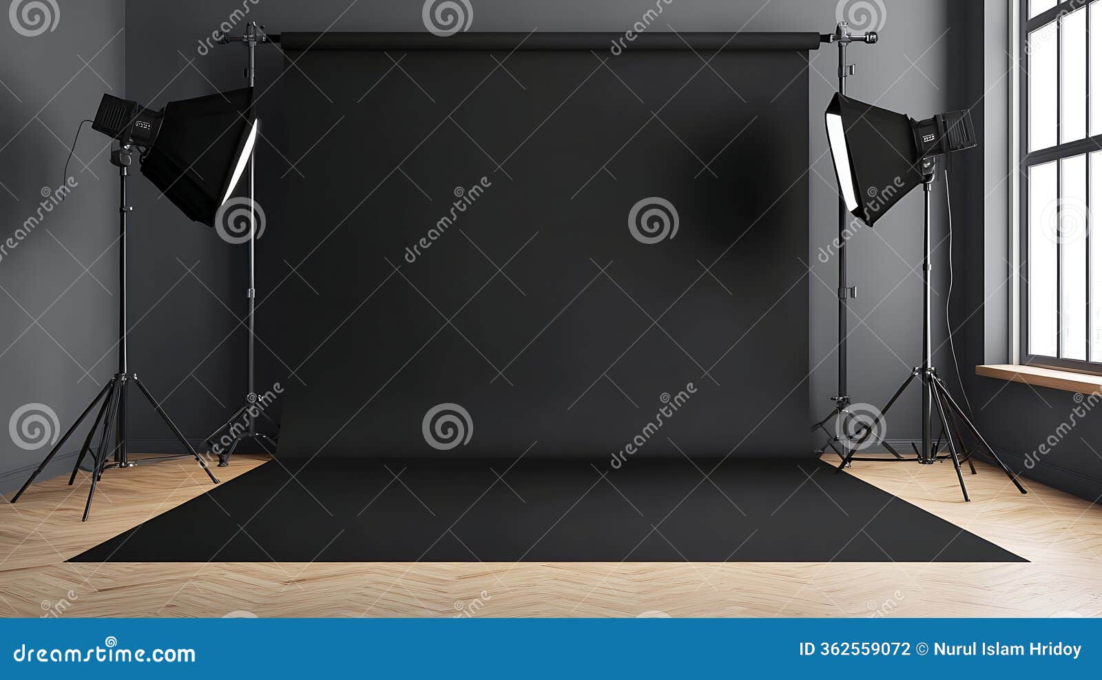 Black Photography Studio Backdrop with Professional Lighting Setup ...
