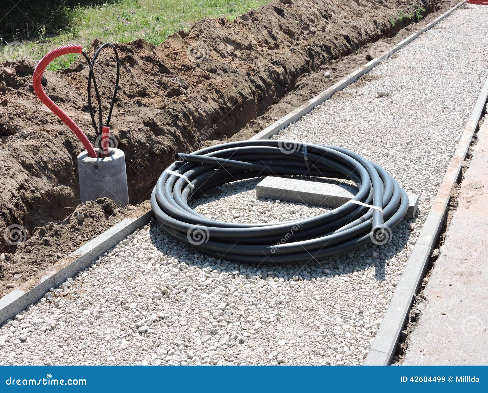 Black Pipe At Construction Site For Sewerage. Water Main Sanitary ...