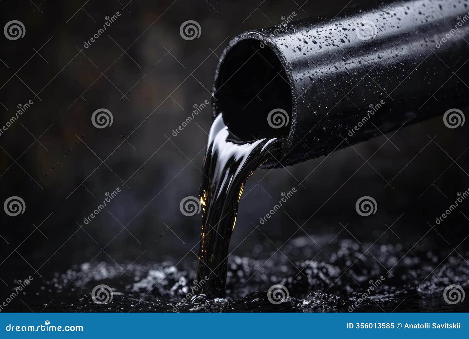 Water Flows from a Black Pipe into a Dark Surface Creating Ripples and ...