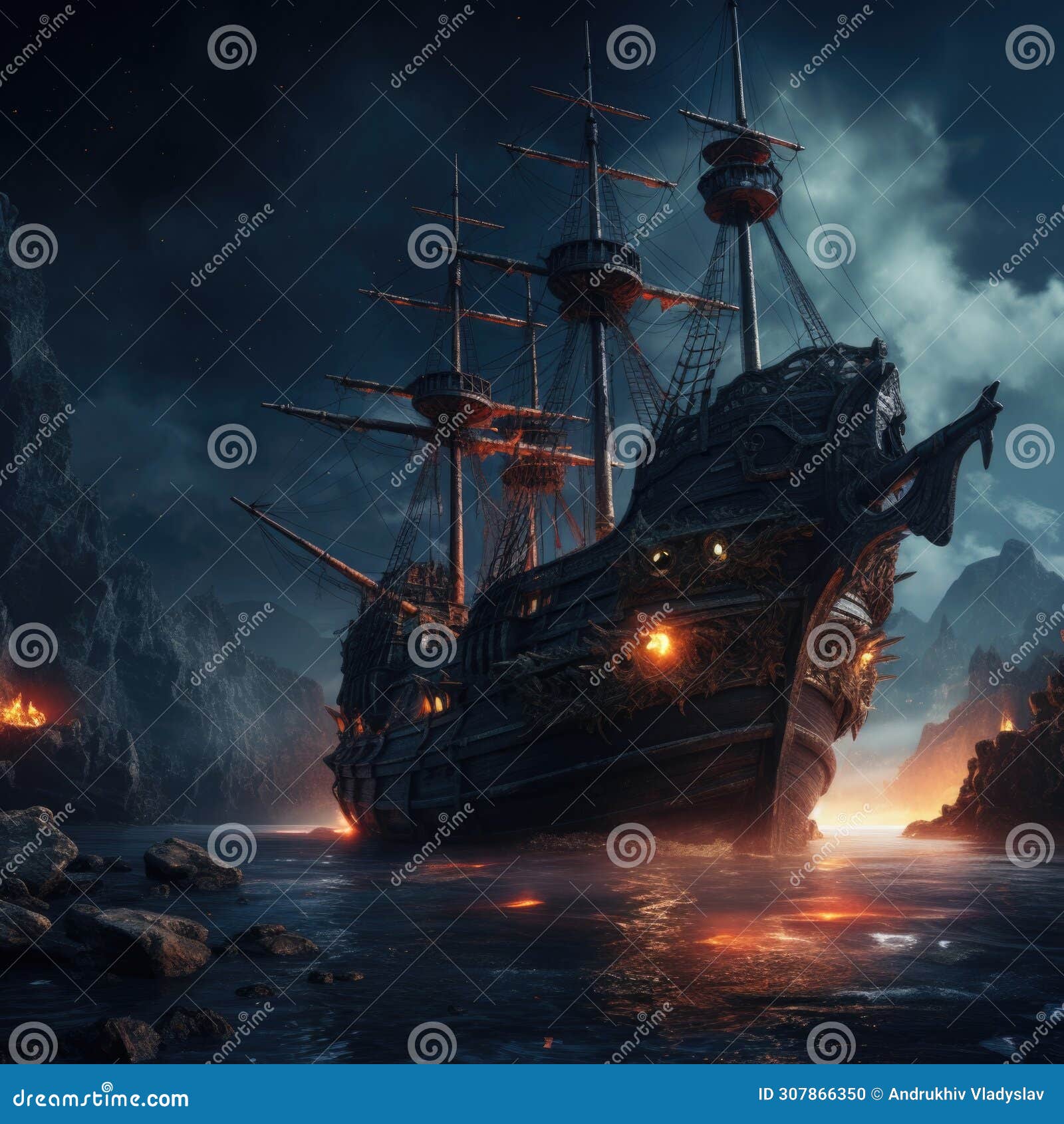 Black pirate ship at night stock illustration. Illustration of ...