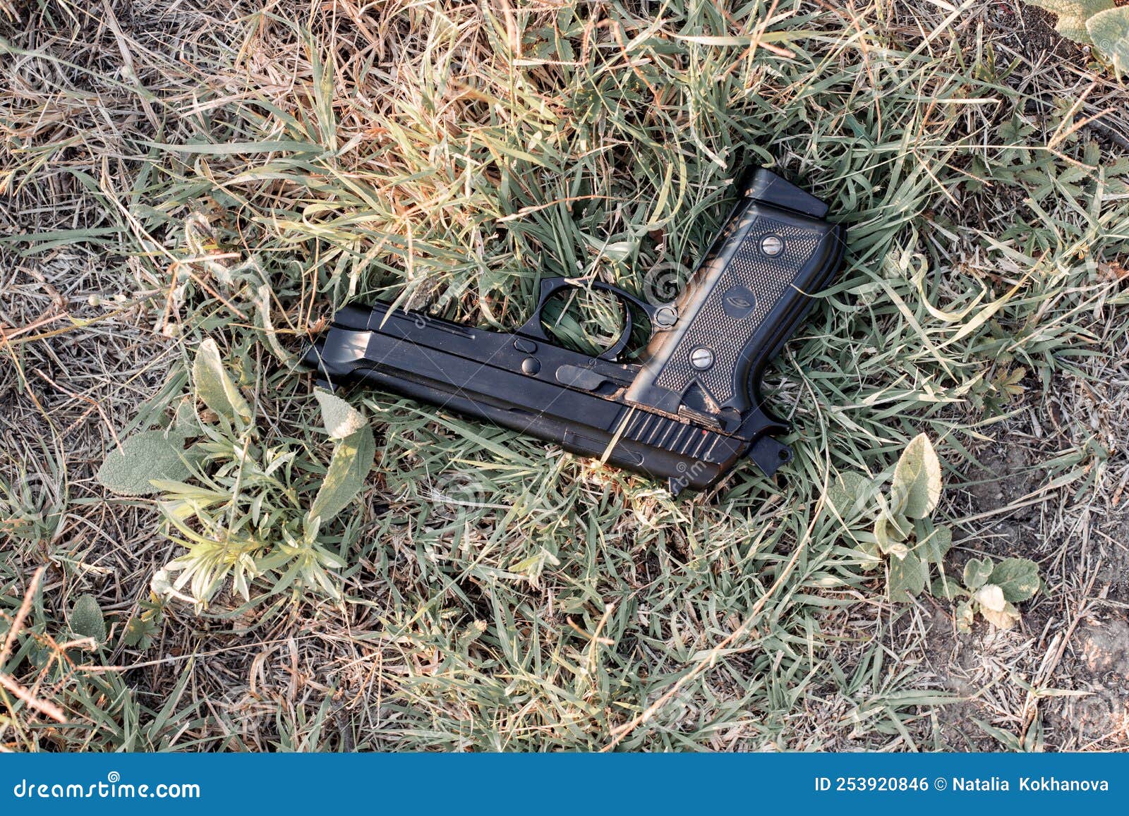 The Black Pistol is on the Ground. Firearms on the Street Stock Photo ...