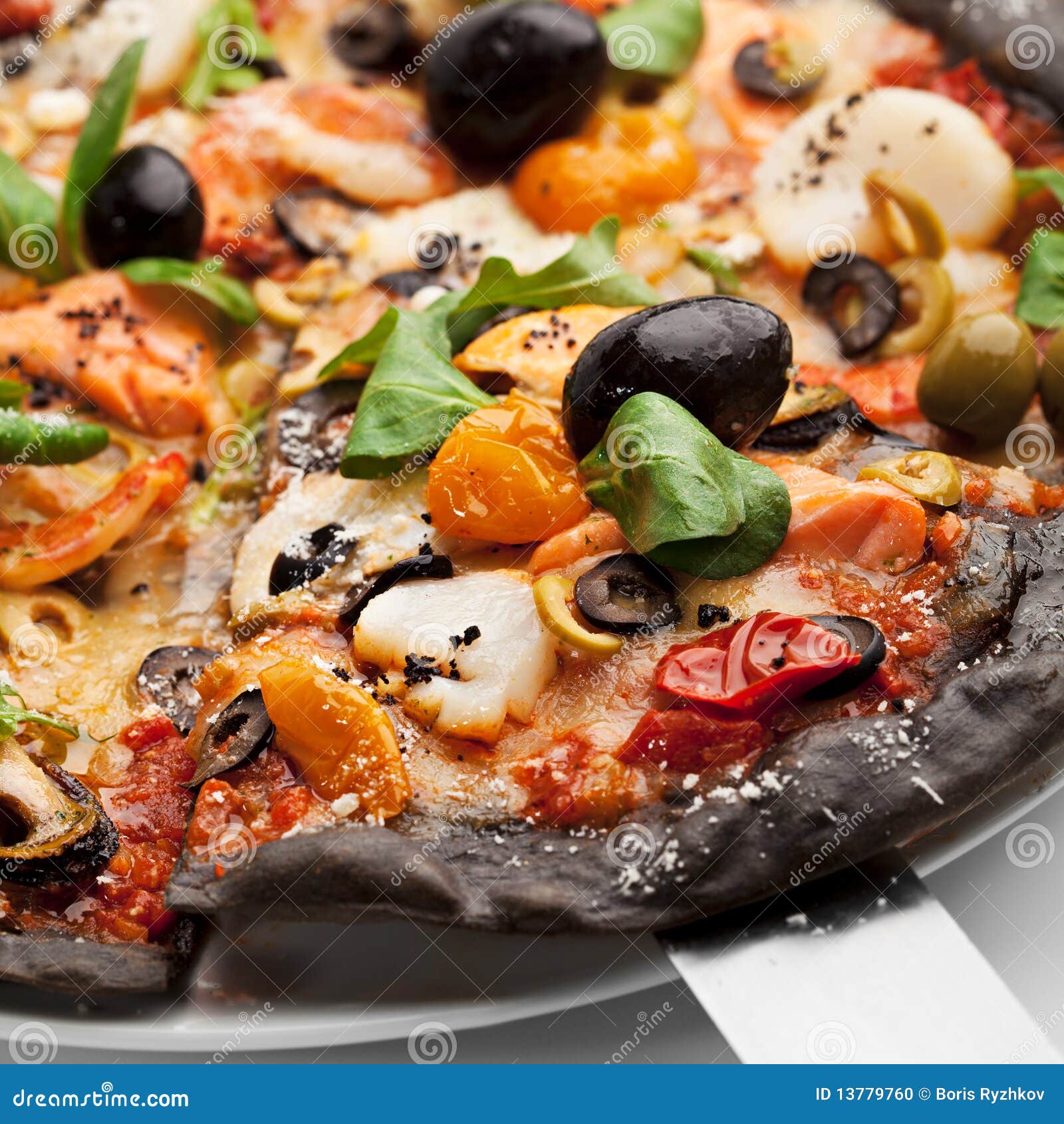 Black Pizza stock photo. Image of mollusk, herb, pizza - 13779760