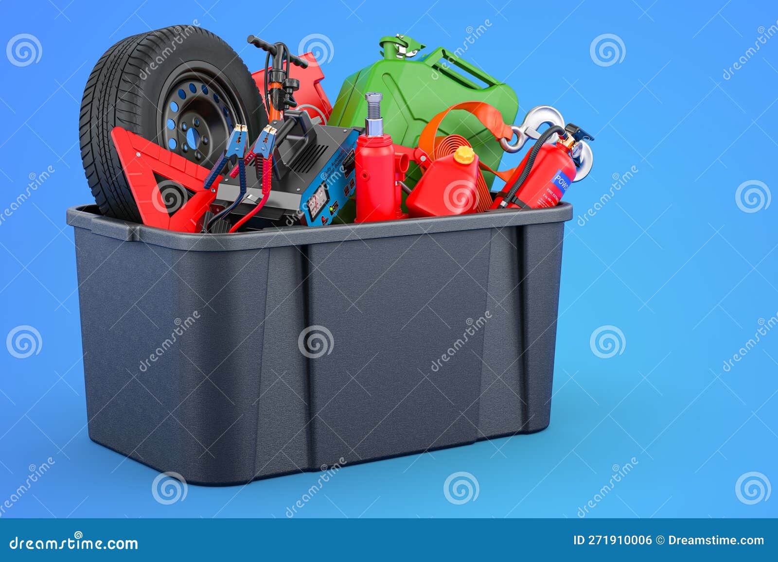 Black Plastic Box Full of Car Tools, Equipment and Accessories on Blue ...
