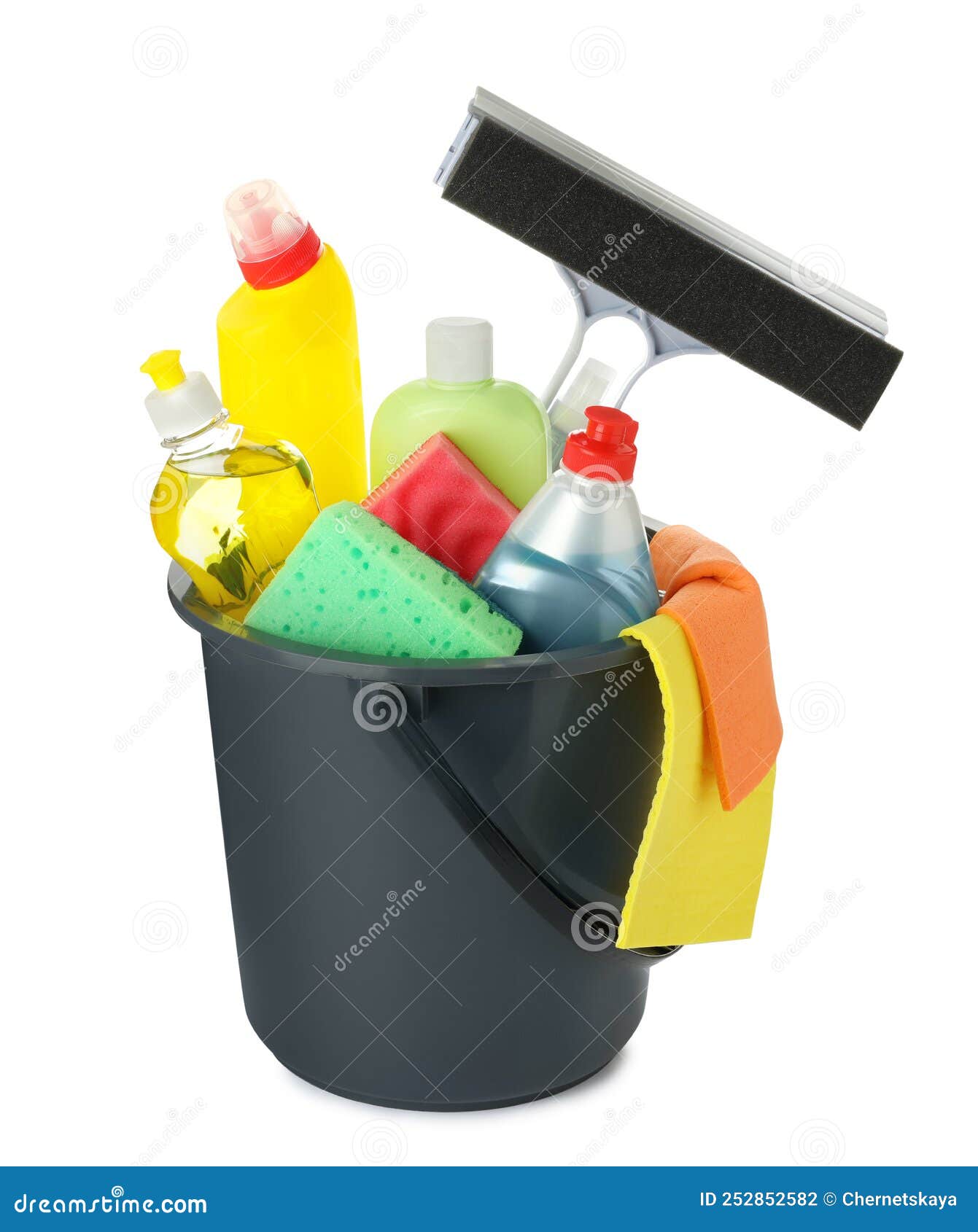Black Plastic Bucket with Different Cleaning Products Isolated on White ...