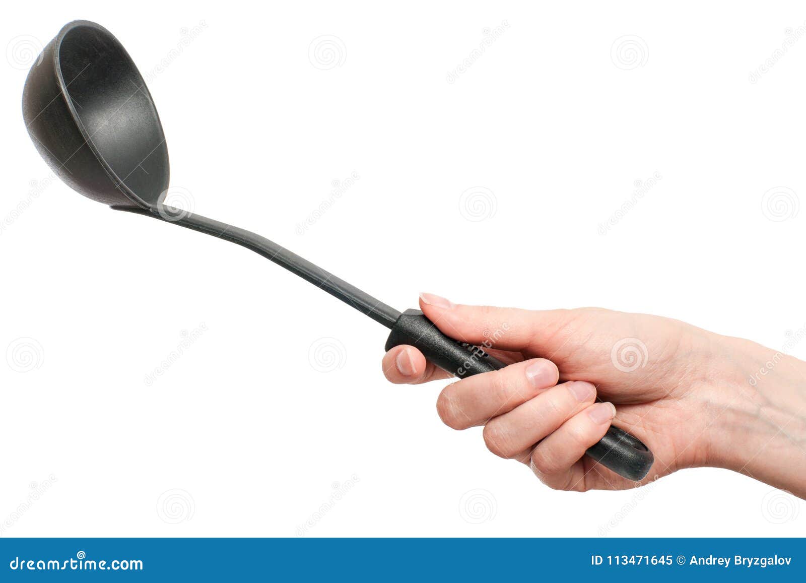 Black Plastic Kitchen Ladle in Hand Isolated on White Background Stock ...