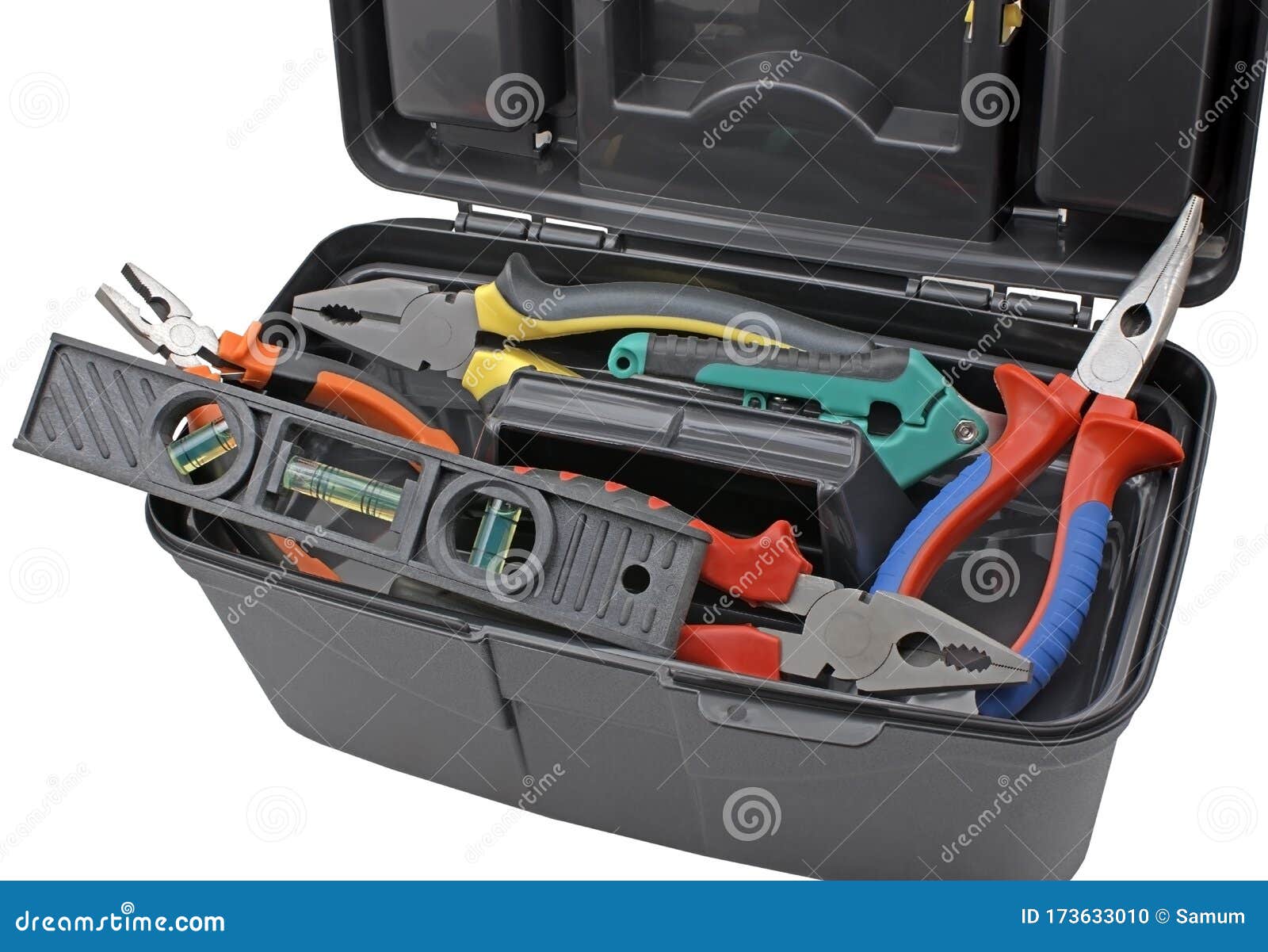 Black Plastic Tool Box with Tools Isolated on White Stock Photo - Image ...