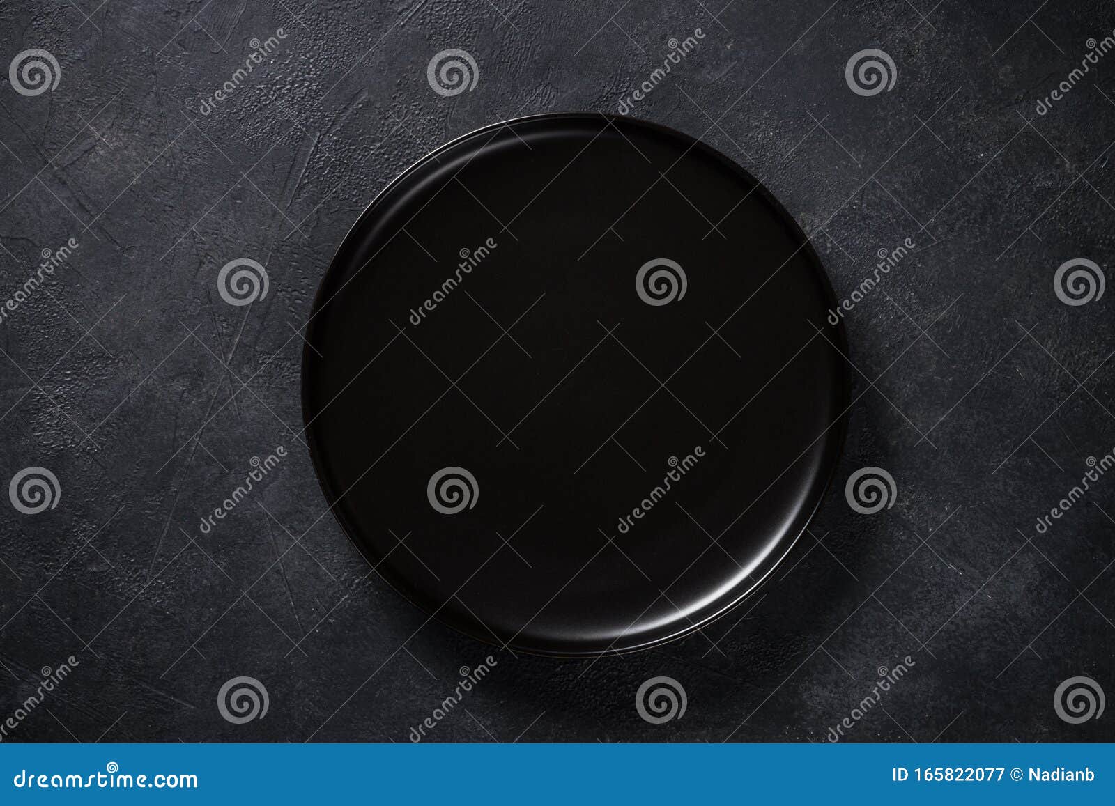 Black Plate on Black Stone Table Top View. Stock Image - Image of lunch ...