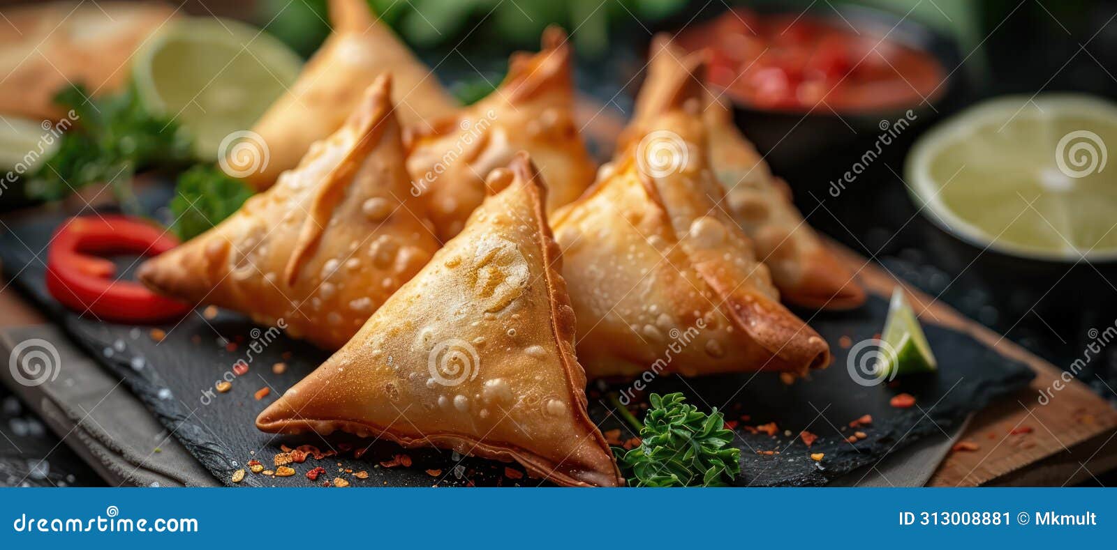 Black Plate with Three Triangles of Indian Fried Cocktail Samosas Stock ...