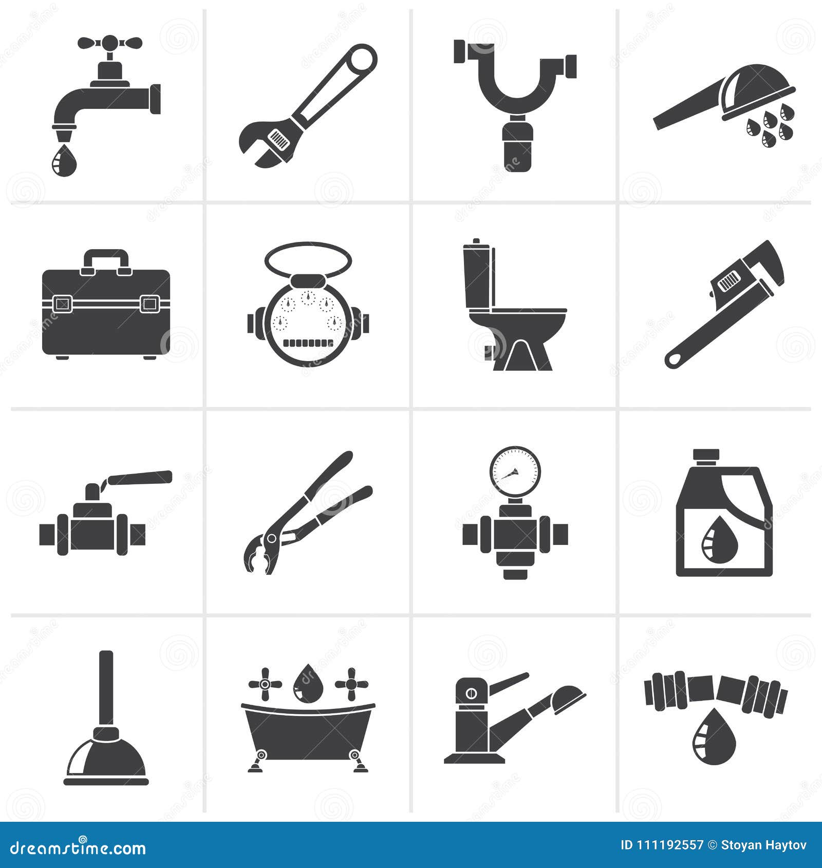 Black Plumbing Objects and Tools Icons Stock Vector - Illustration of ...