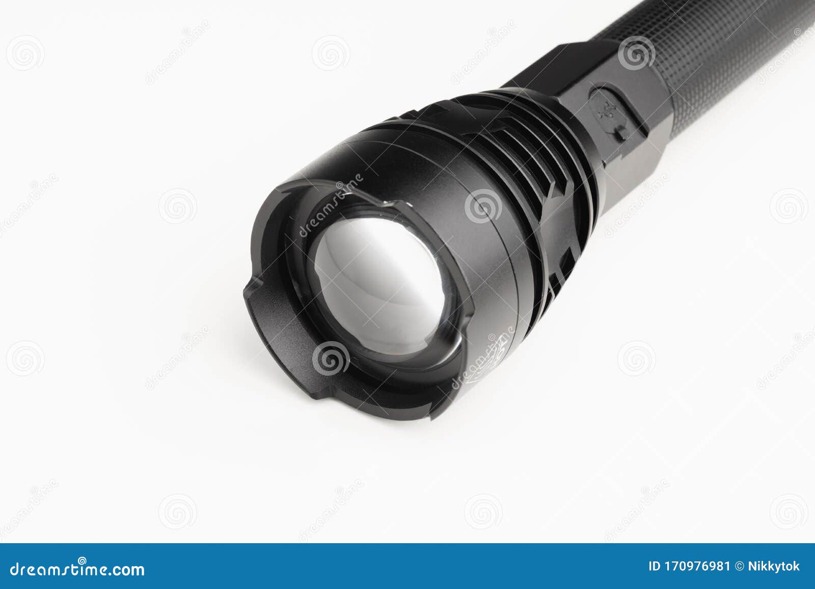 Black Pocket Flashlight with Zoom Focus Lens, White Background Stock ...