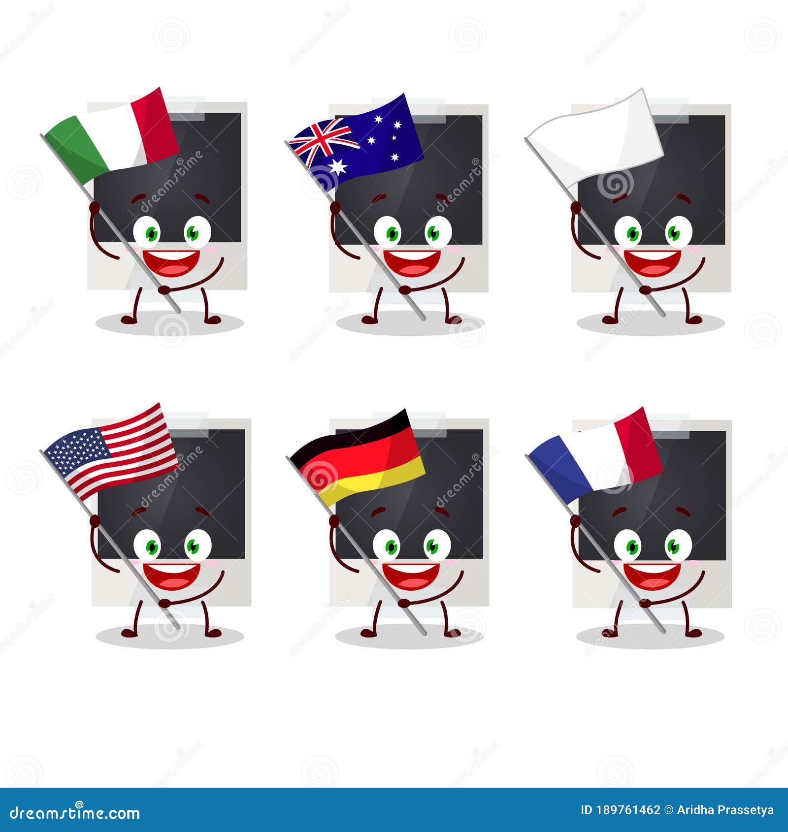 Black Polaroid Cartoon Character Bring the Flags of Various Countries ...