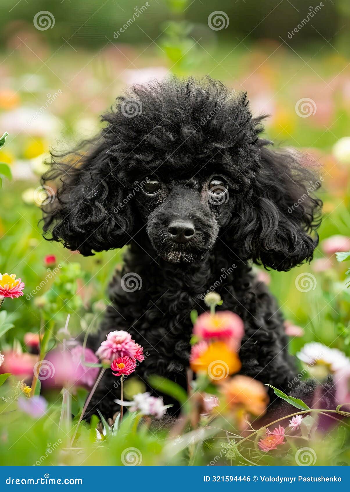 A Black Poodle is Sitting in a Field of Flowers Stock Illustration ...