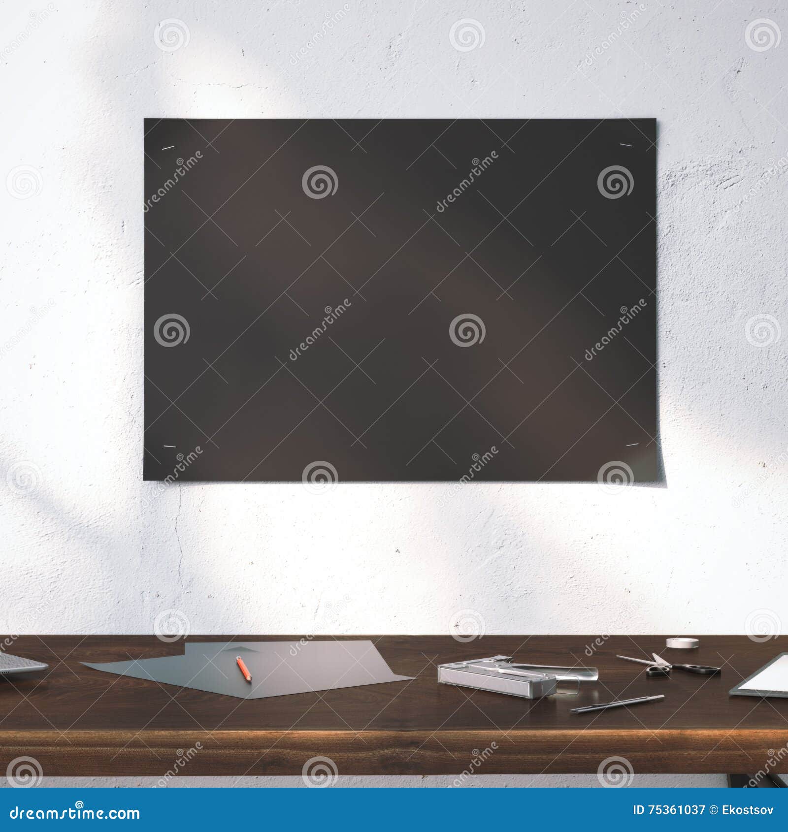 Black Poster on the Wall. Table with Stapler. 3d Rendering Stock ...