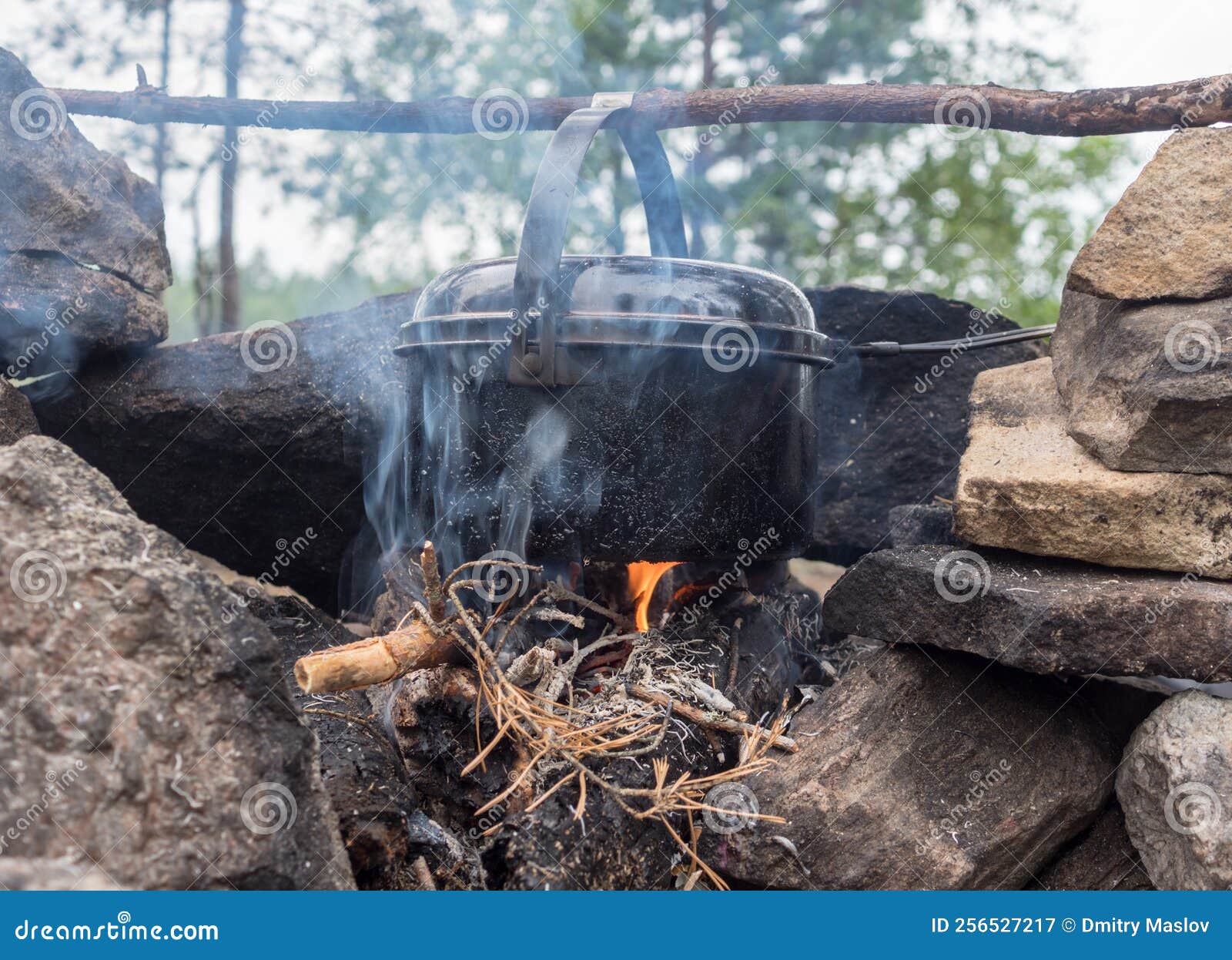 Black Pot in a Stone Hearth Stock Image - Image of wood, campfire ...