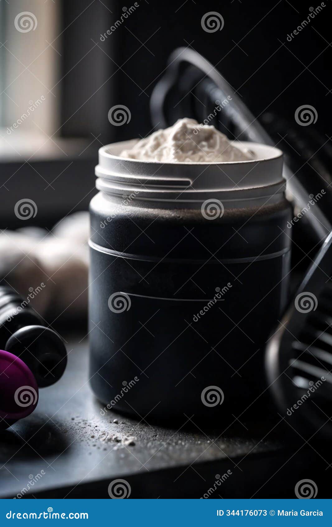 Black Pot with White Creatine or Protein Powder. Supplements, Gym Stock ...