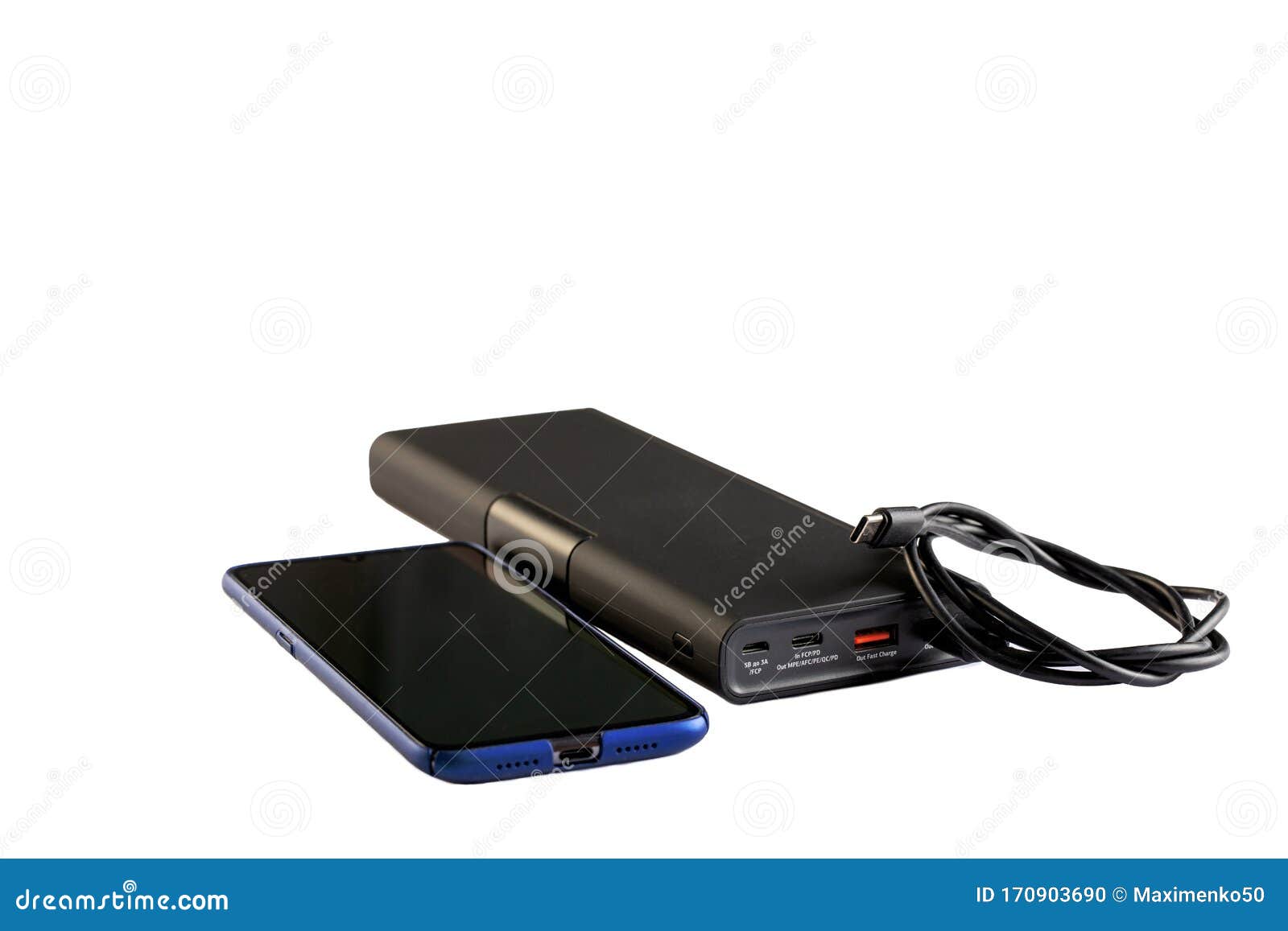 Black Power Bank with USB Cable for Smartphone on White Background ...