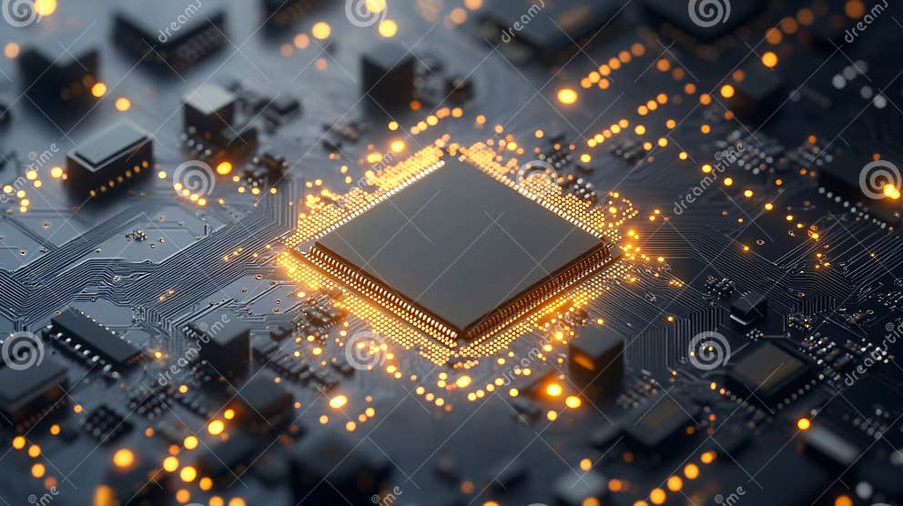 A Black Processor Chip on a Circuit Board with Golden Glowing Lines ...