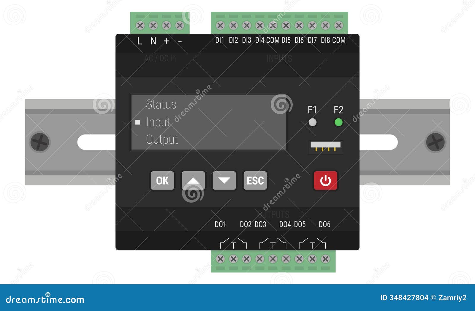 Black Programmable Logic Controller Mounted on a DIN Rail Stock ...
