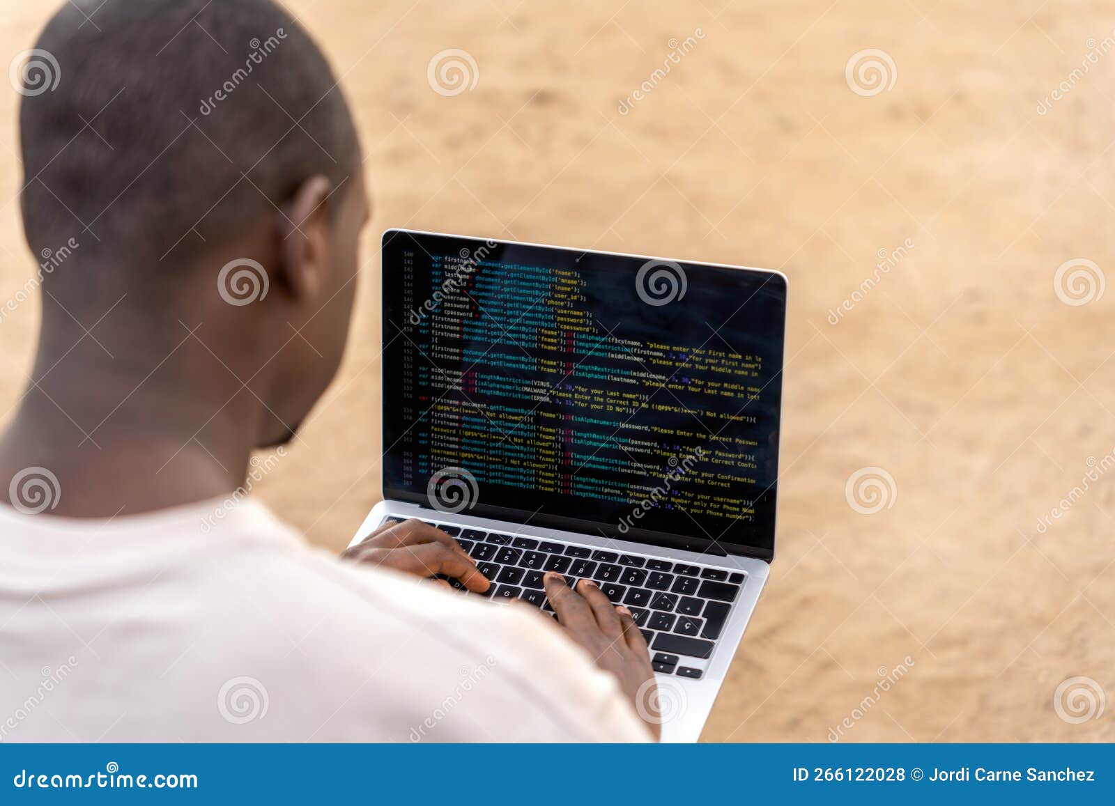 Black Programmer Coding on Beach Stock Photo - Image of digital, device ...