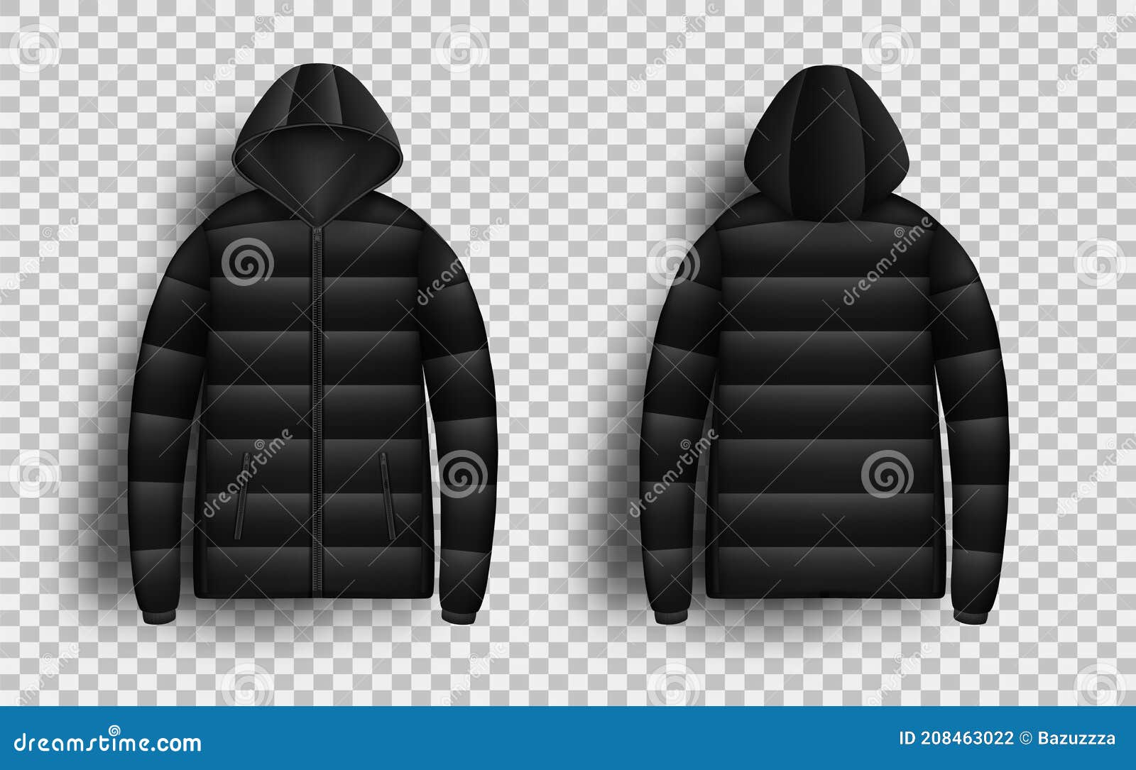 Black Puffer Jacket Mockup Set, Vector Isolated Illustration. Realistic ...