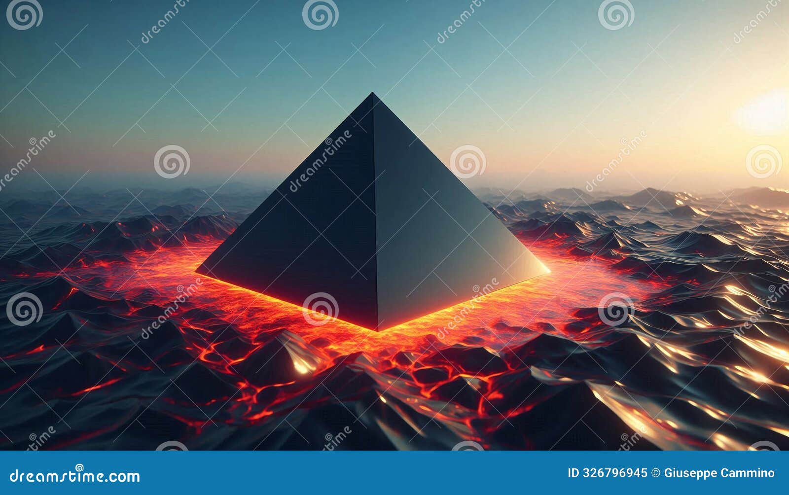 A Black Pyramid Shaped Object Floating on Top of a Body of Magma Stock ...